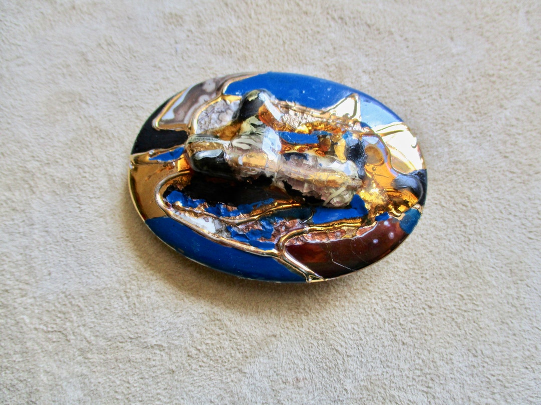Ceramic Buckle Vintage 80s Artisan Blue Gold Raised Abstract Design for ...