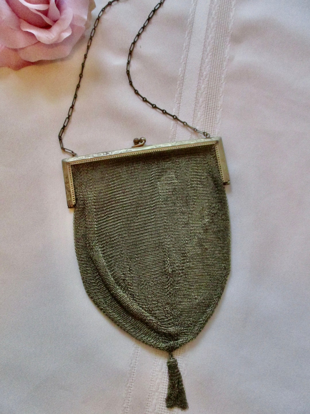 Antique 20s Flapper Mesh Purse Art Deco Top Chain Handle Engraved Frame ...
