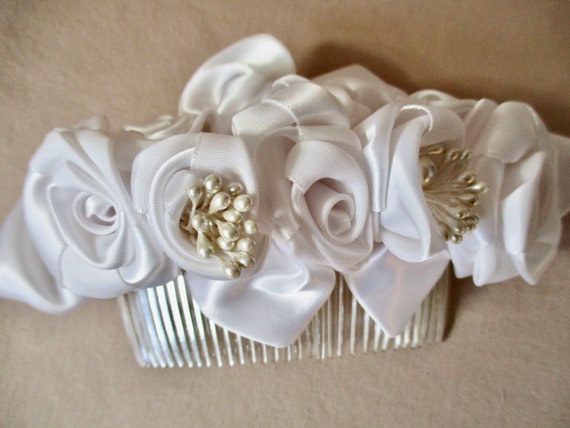 Vintage Kirk's Folly Bridal Combs White Satin Roses w… - Gem