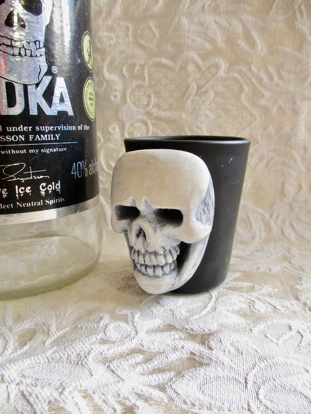 Skull Shot Glass Black Ceramic With Raised 3d Grinning Skulls Etsy
