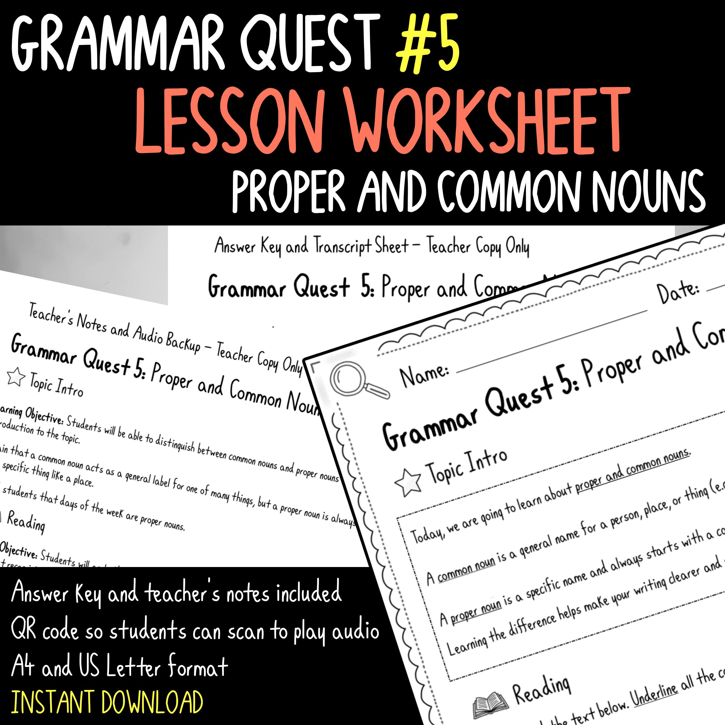 Proper and Common Nouns Worksheet | QR Code Activity | Grammar Quest #5 ...