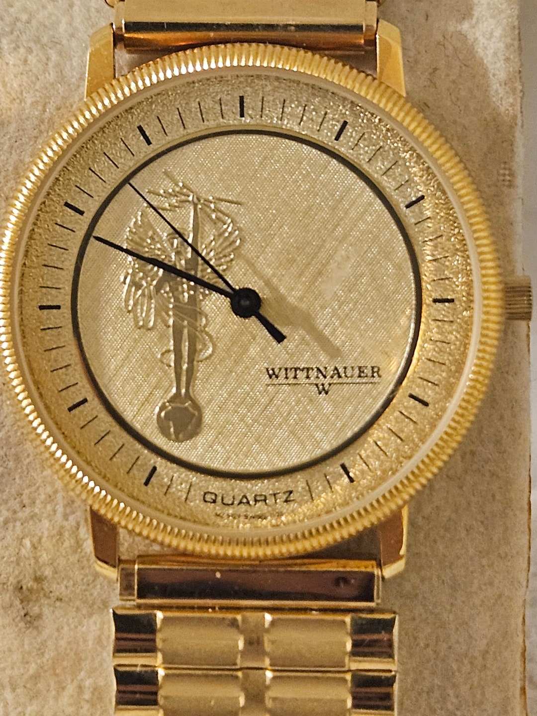 Vtg 1986 Hamilton Mens Quartz Watch Brushed Gold Face Winged Man Earth ...