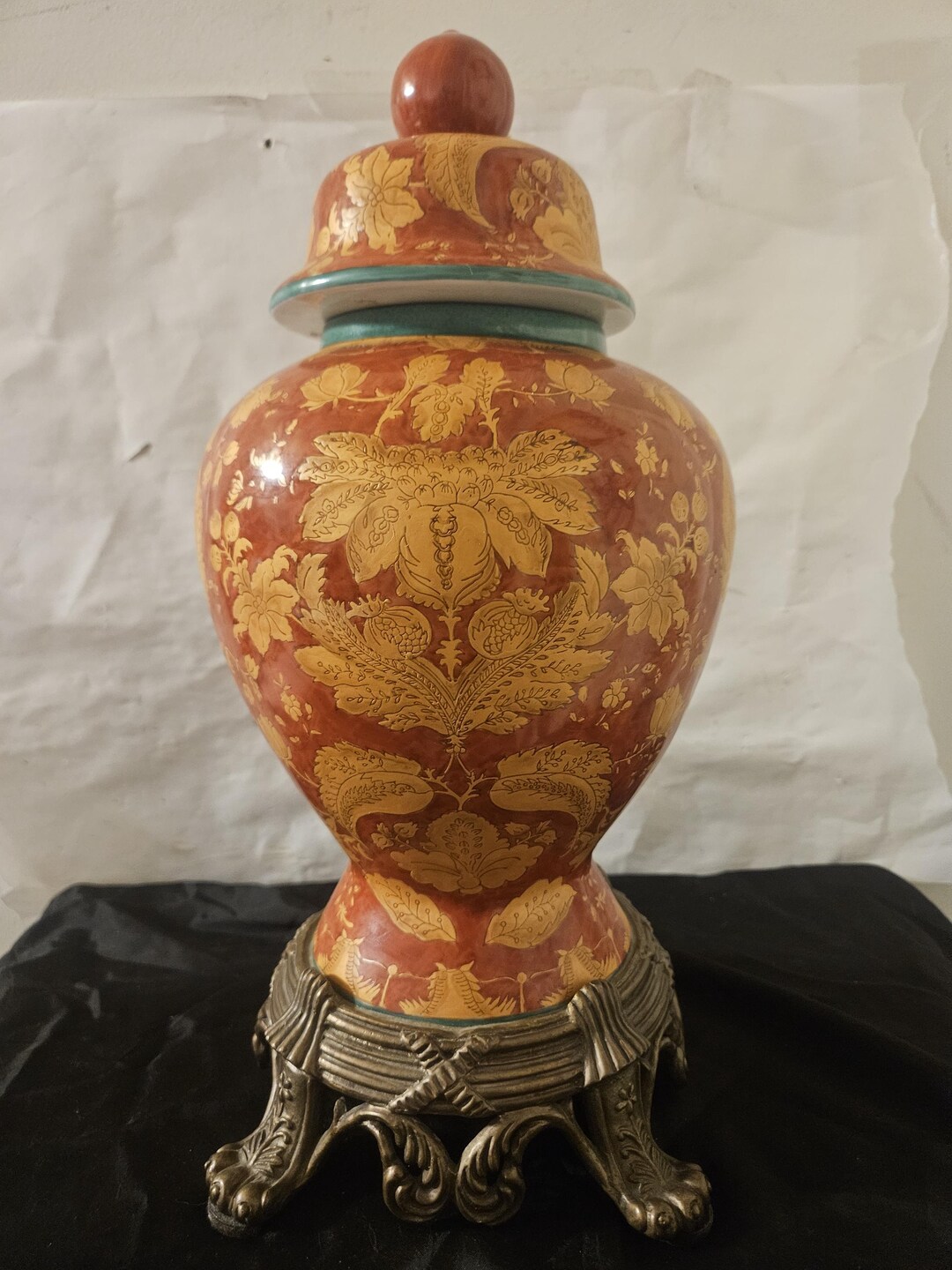 Vintage Signed Mark Roberts Floral Porcelain Bronze Footed Lidded Urn ...