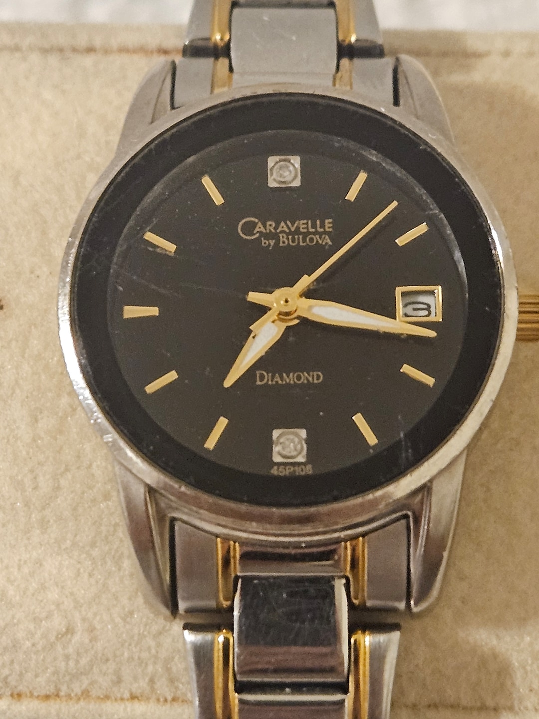 CARAVELLE Vintage Bulova Diamond Day Black Face Silver Gold Tone Band ...