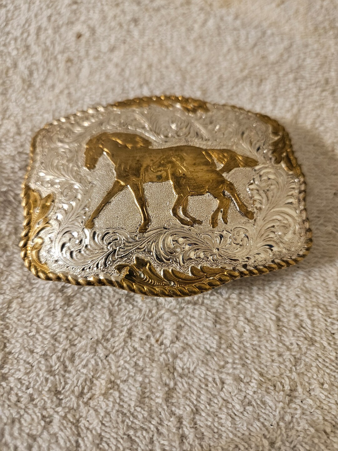 Vintage CRUMRINE Gold and Silver Horse Mare & Floral Belt Buckle - Etsy
