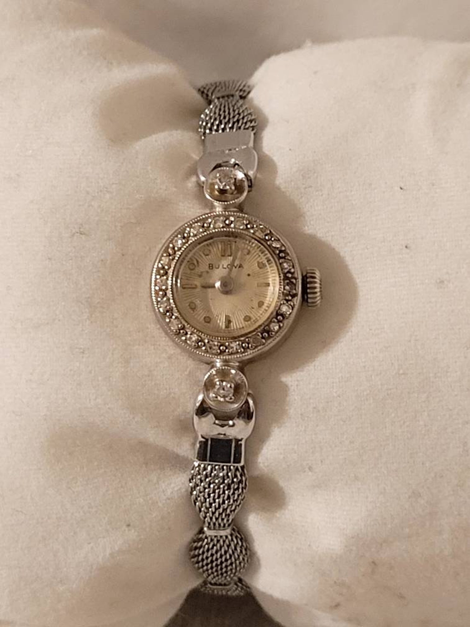 Ladies Vintage Bulova 14k White Gold Natural Diamond Manual Cocktail ...