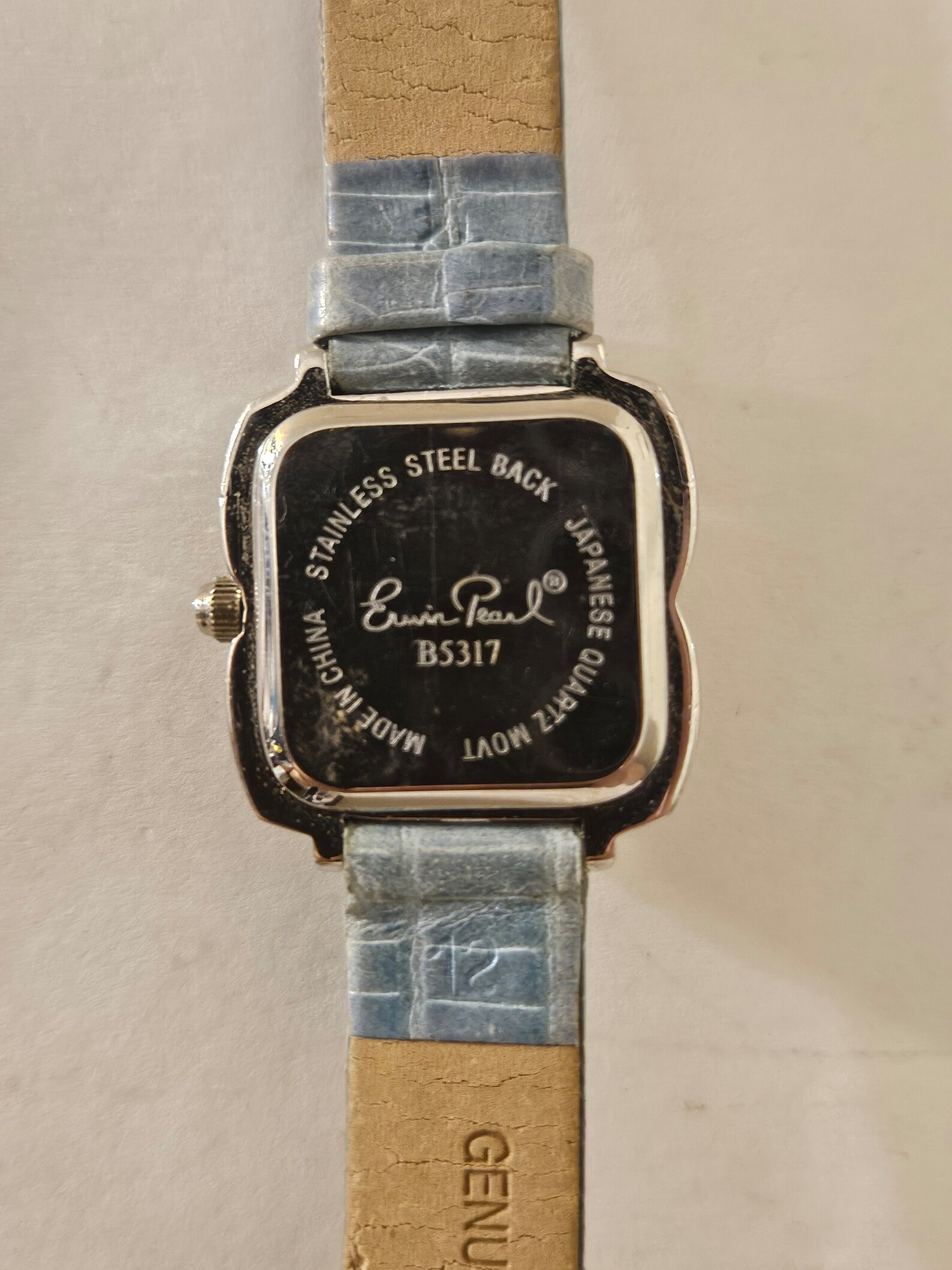 Vintage Erwin Pearl MOP Dial Crystal Accent Grey Leather Band Watch ...