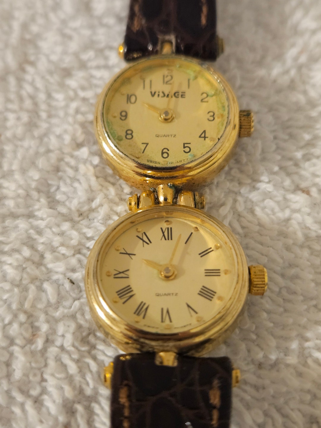VINTAGE Women's VISAGE Dual Face Gold Tone Leather Band Watch - Etsy