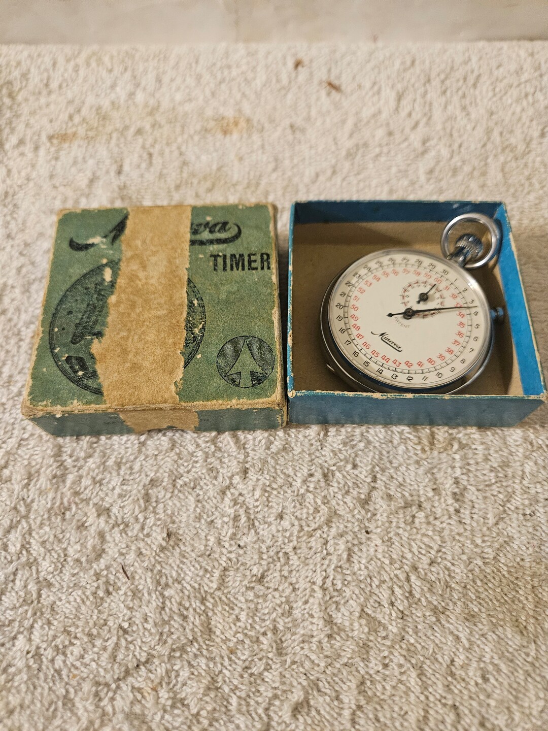 Rare Vintage Minerva Timer Stopwatch White Dial W/ Original Box Swiss ...