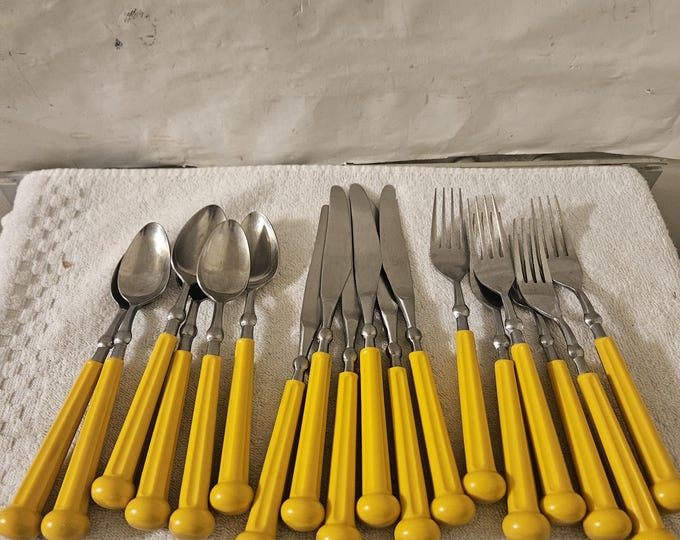 Vintage Oxford Hall Stainless Steel Yellow Plastic Handle Flatware ...