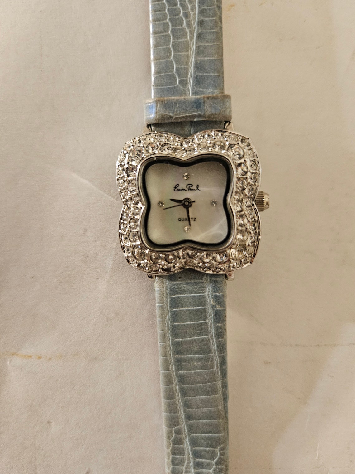 Vintage Erwin Pearl MOP Dial Crystal Accent Grey Leather Band Watch ...