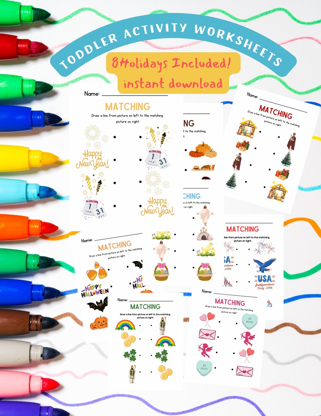 Holiday Matching Worksheets Bundle, Matching Activity for Kids, Matching Game, Worksheets ...