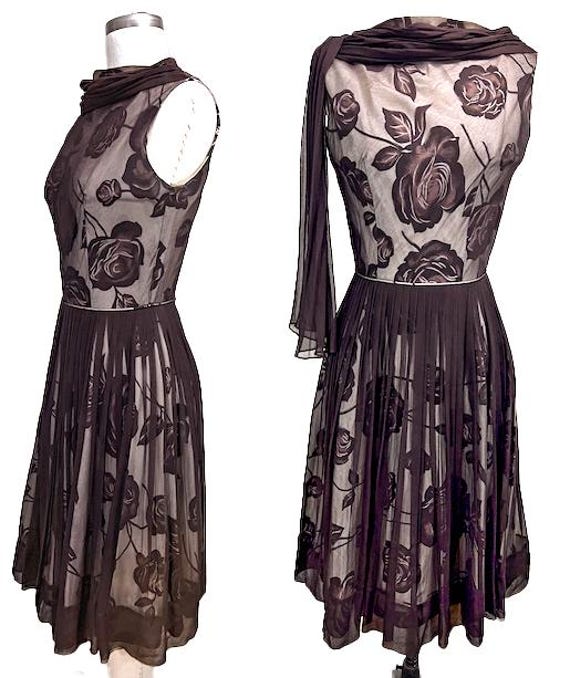 1950s Sheer Overlay Rose Dress, Shoulder Swag, Fit an… - Gem