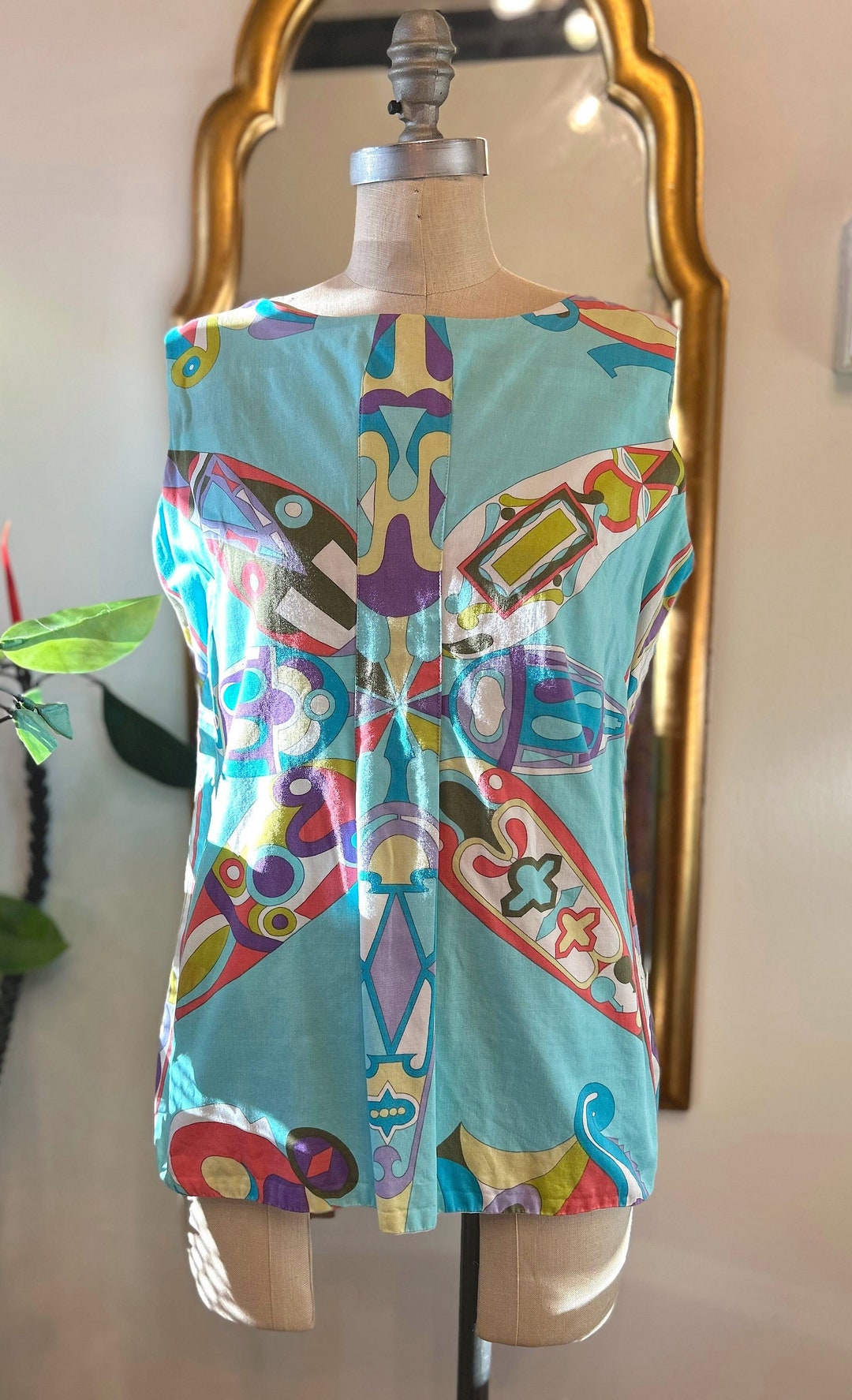 1960s Emilio Pucci Top, Sleeveless Shell, MOD Graphic, Tiki Masks, Aqua ...