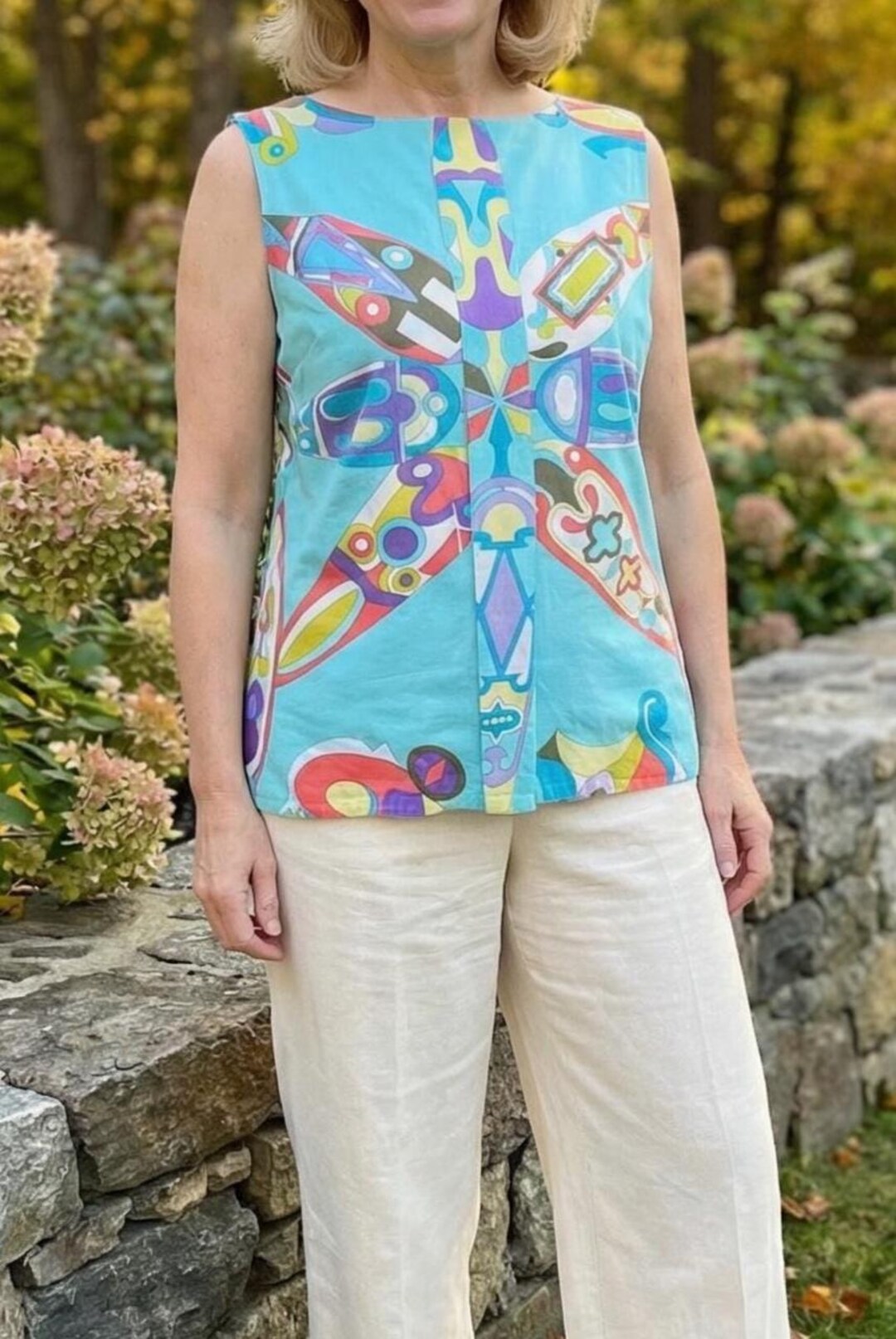 1960s Emilio Pucci Top, Sleeveless Shell, MOD Graphic, Tiki Masks, Aqua ...