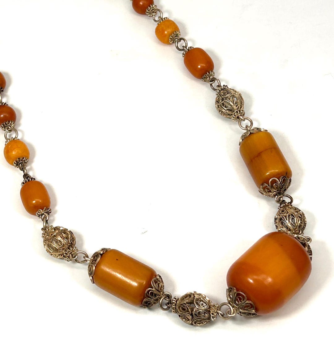 1930/40s Bakelite Boho Bead Necklace, Sterling & Amber, Mastic Beads ...