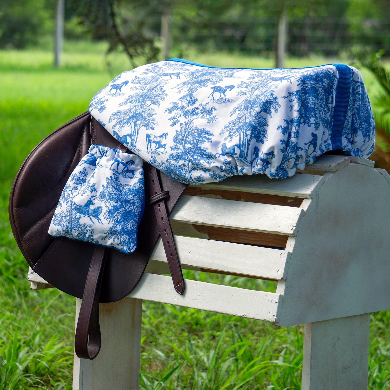 Custom Stirrup Covers - Blue Equestrian Toile - Fleece Lined - Etsy