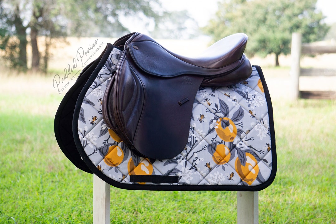 Custom Saddle Pad - Gray & Yellow Floral, Lemons, and Bees - English ...