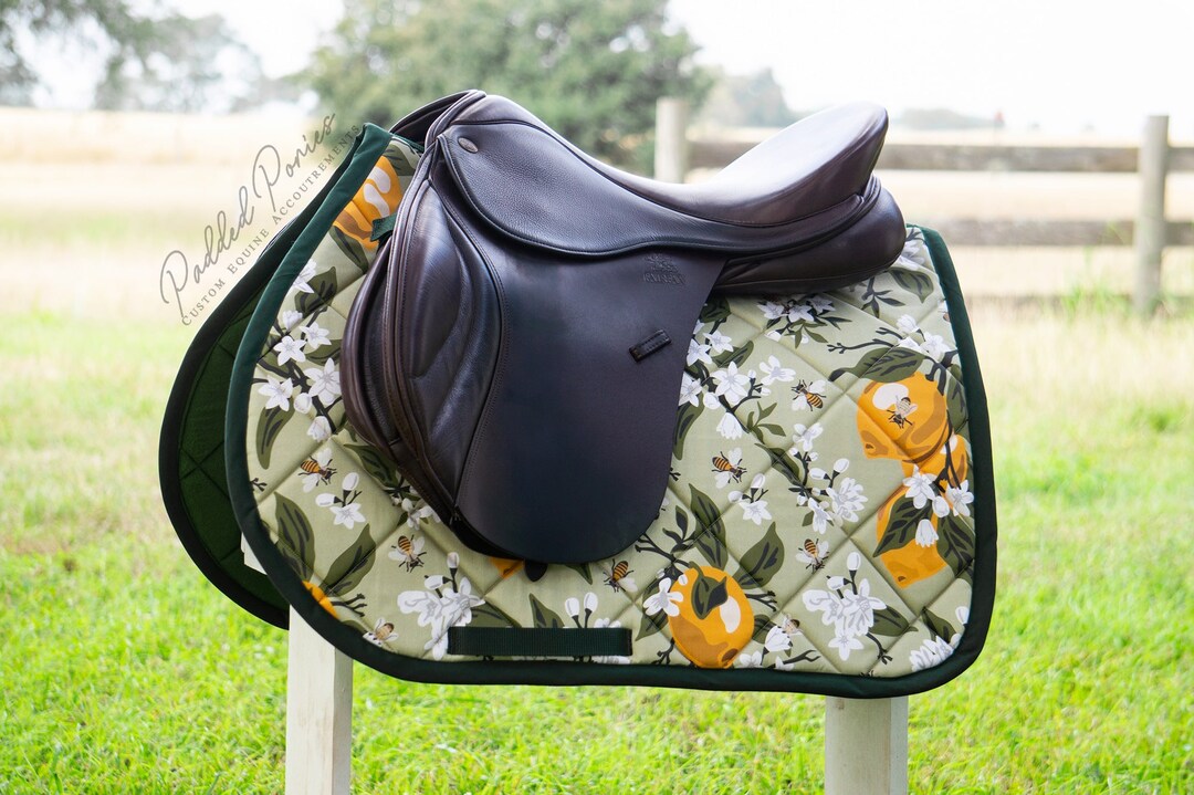 Custom Saddle Pad - Green & Yellow Floral, Lemons, and Bees - English ...