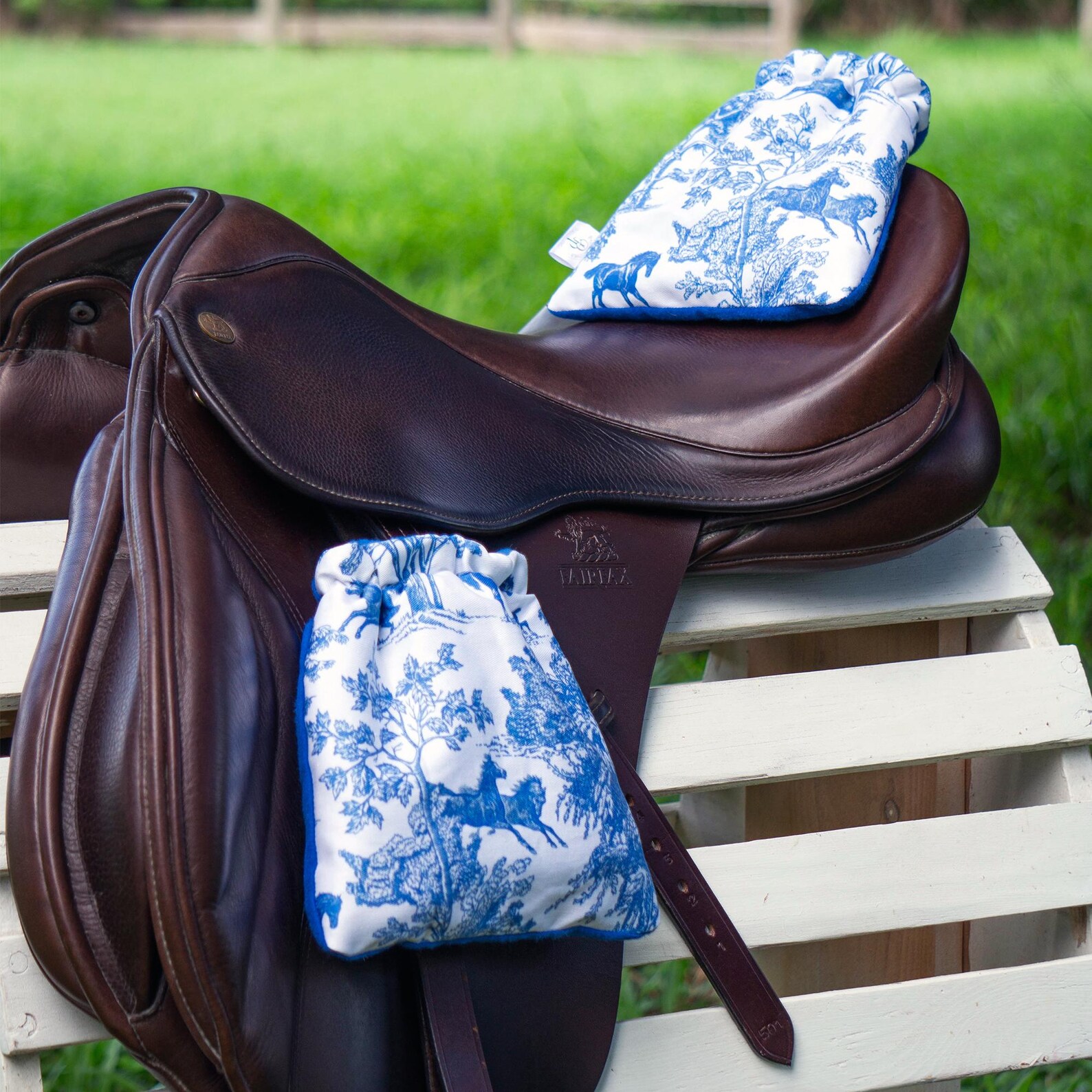 Custom Stirrup Covers - Blue Equestrian Toile - Fleece Lined - Etsy
