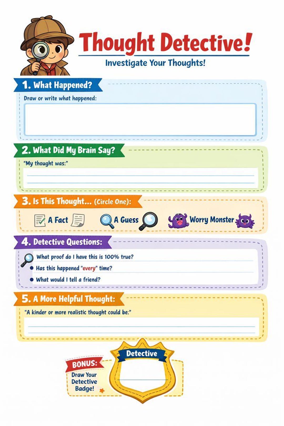 Thought Detective Worksheet - Etsy