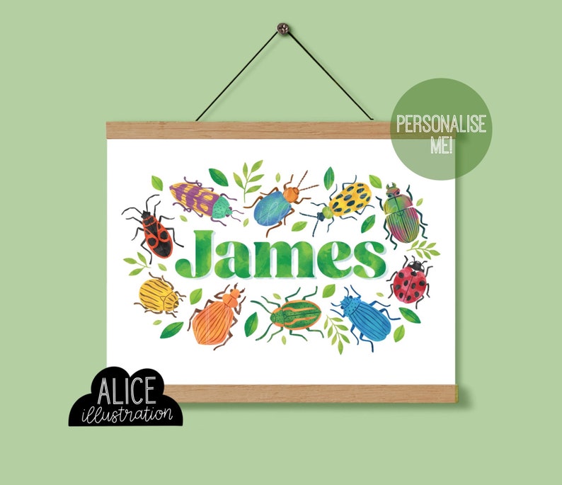 Personalised Bugs Name Illustrated Print Custom Wall Art, Nursery Decor ...