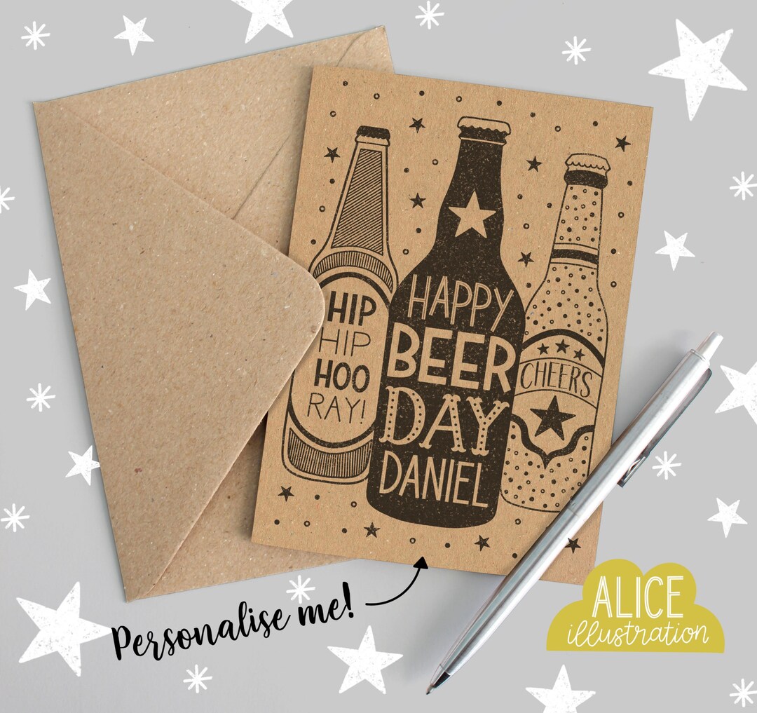 Personalised Birthday Card Happy Beer Day Printed on Recycled Kraft ...