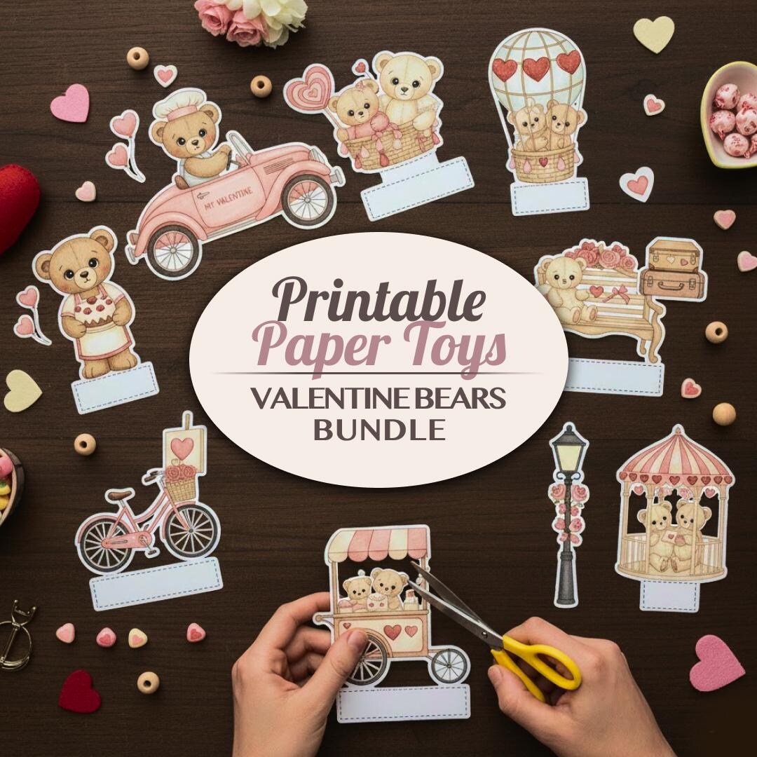 Valentine Bears Printable Paper Toys Bundle | Toddler Activity Kit ...