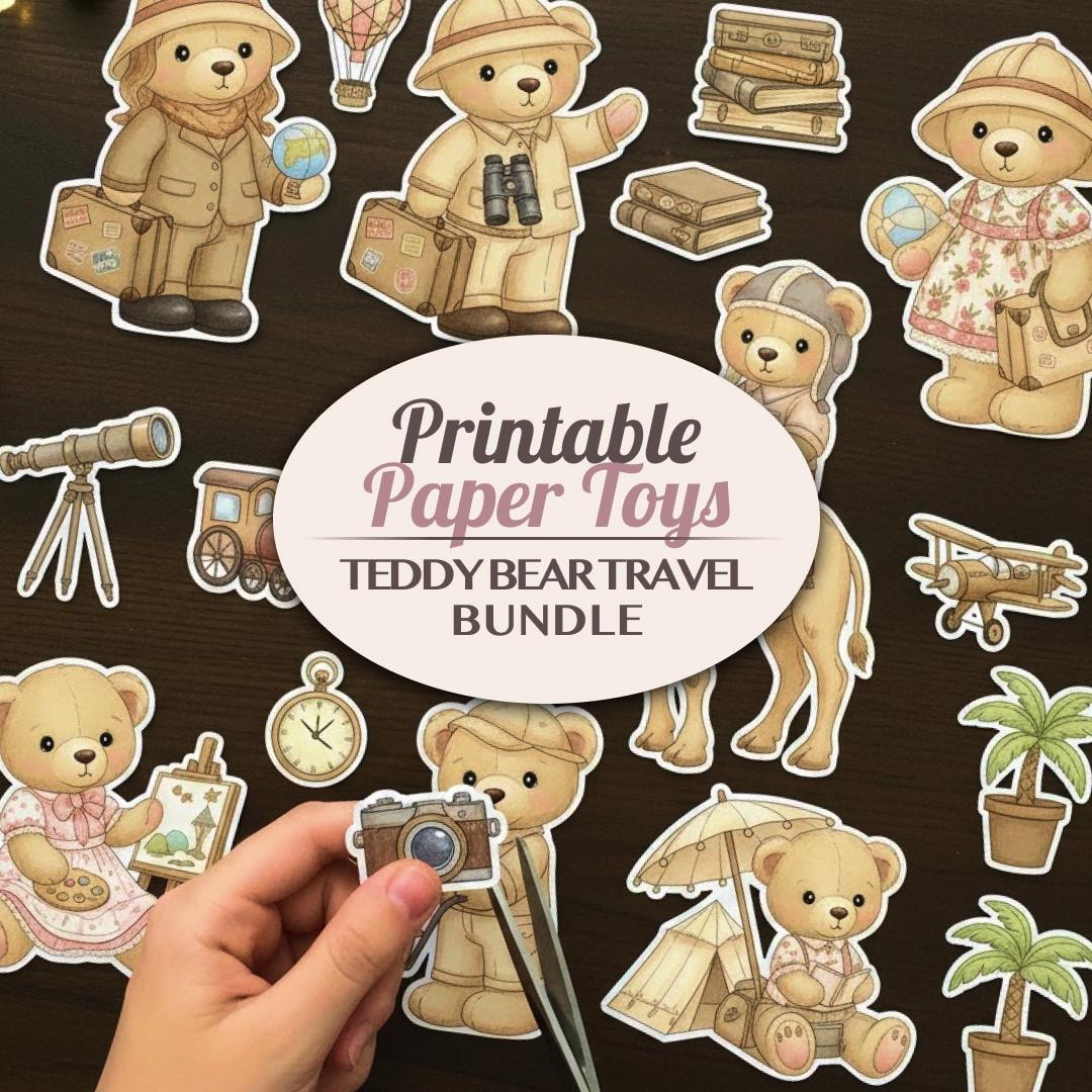Printable Paper Toys Teddy Bear Travel Bundle With 3D Backdrops ...