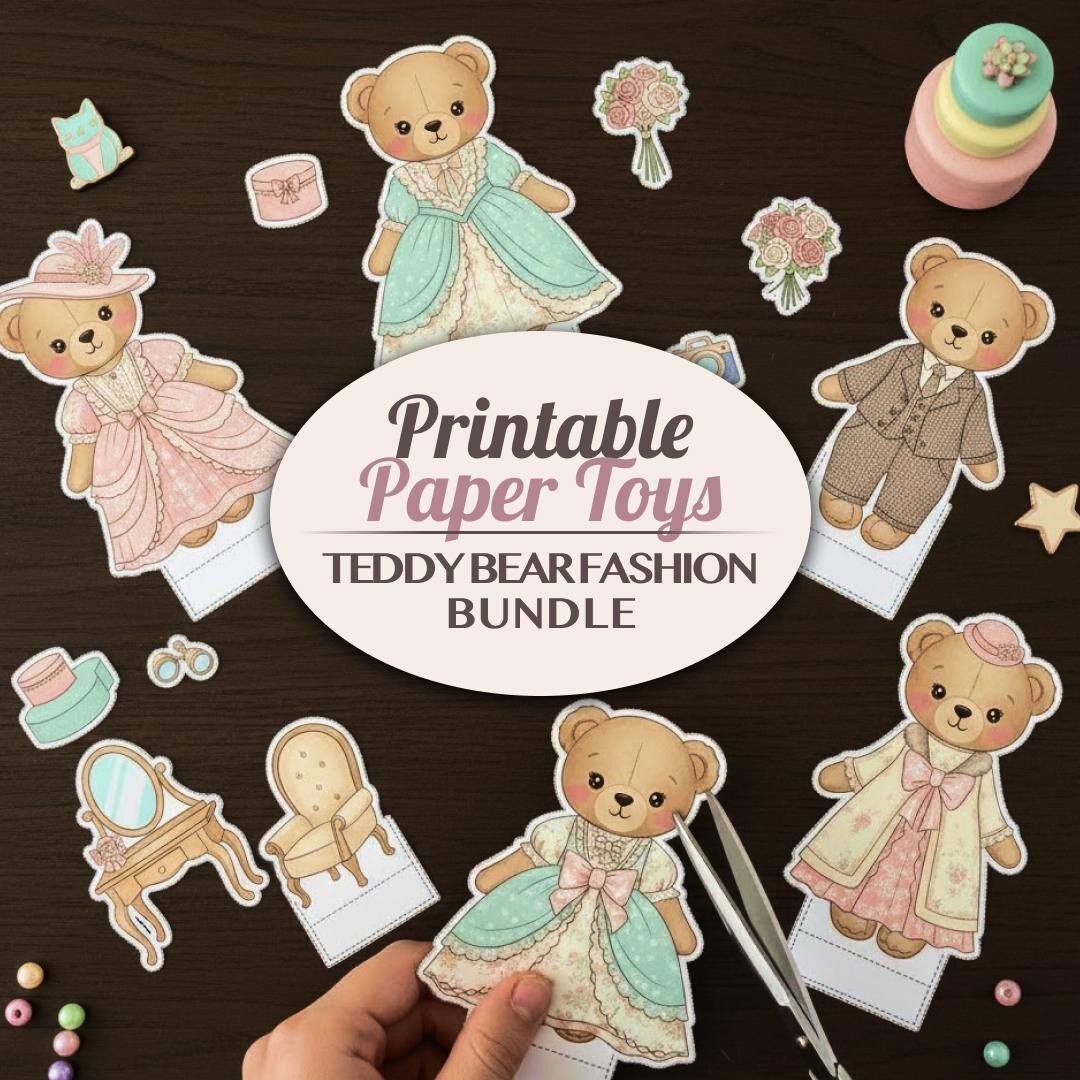 Printable Paper Dolls Teddy Bear Fashion Bundle With 3D Backdrops ...