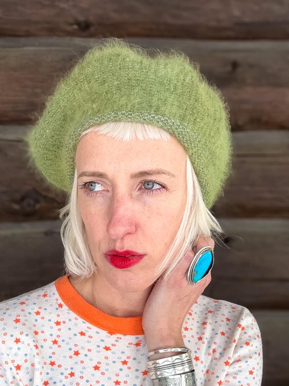 Vintage Angora Beret Sage Green Aris Fuzzy Mohair Tam - Gem