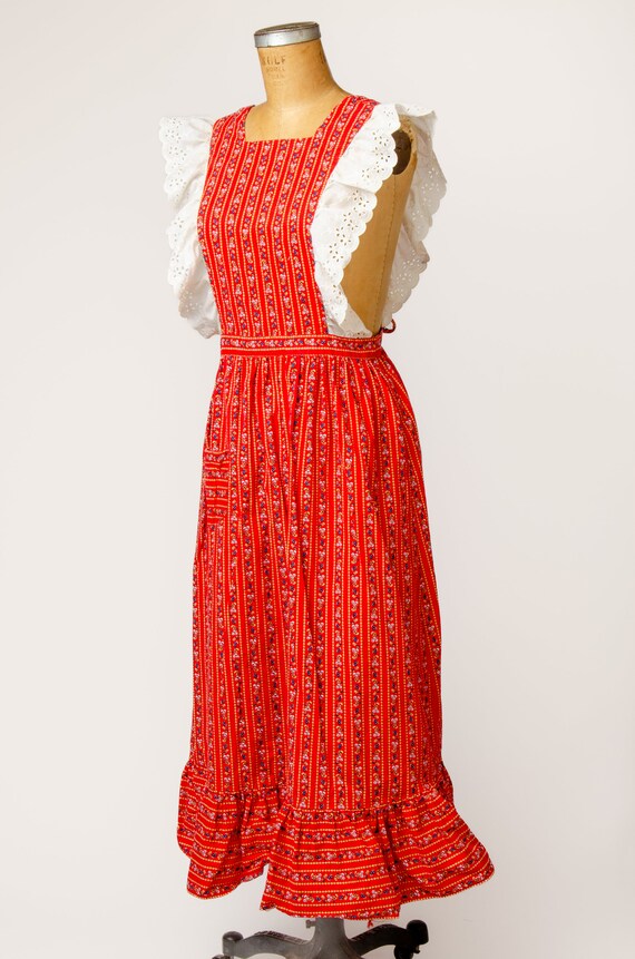 1970s Folk Dress Red Floral Country Western Apron Dre… - Gem