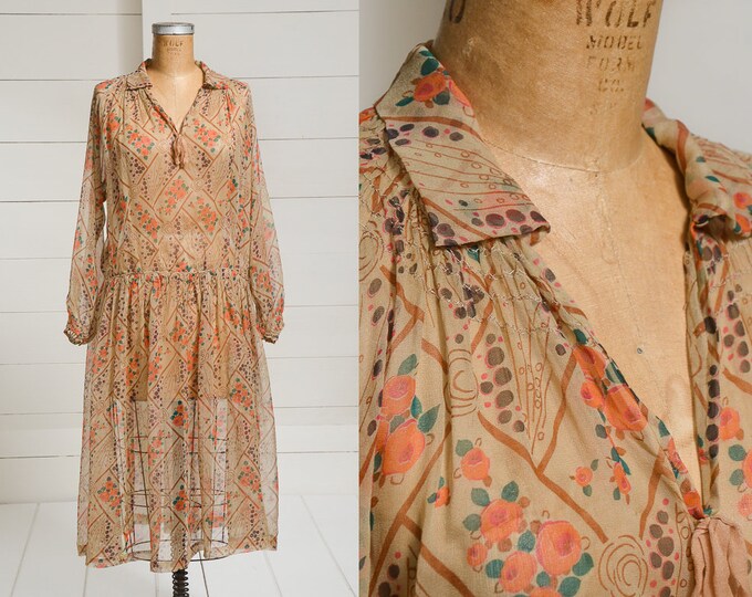 1920s Poppy Print Silk Chiffon Watercolor Peach Poppies 20s - Etsy