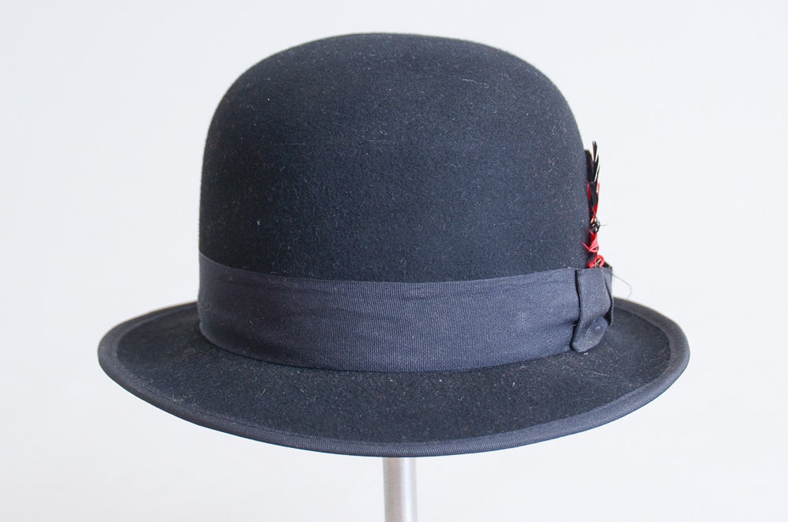 Vintage French Bowler Hat Black Wool Felt Feathered Formal Hat - Etsy