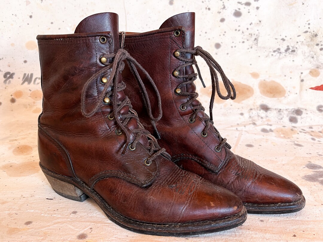 Vintage Stitched Packer Boots Tall Lace up Leather Stacked Heel Work ...