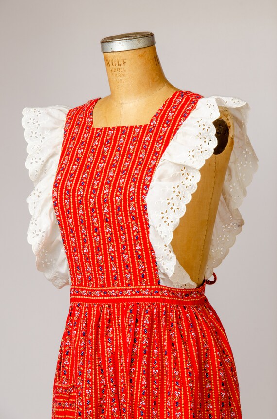 1970s Folk Dress Red Floral Country Western Apron Dre… - Gem
