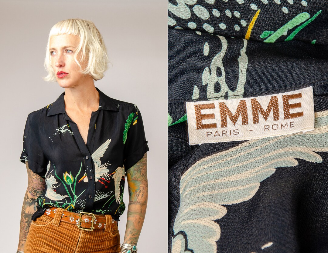 1940s Style Japanese Crane & Lotus Flower 1970s Novelty Emme Paris ...