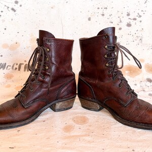 Vintage Stitched Packer Boots Tall Lace up Leather Stacked Heel Work ...