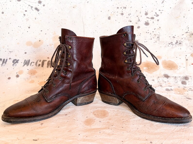 Vintage Stitched Packer Boots Tall Lace up Leather Stacked - Etsy