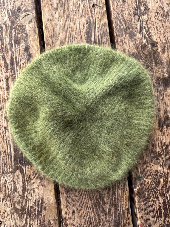 Vintage Angora Beret Sage Green Aris Fuzzy Mohair Tam - Gem