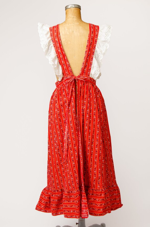 1970s Folk Dress Red Floral Country Western Apron Dre… - Gem
