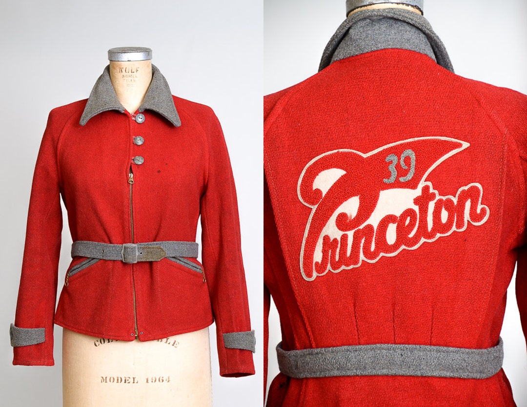 1930s Princeton School Jacket Crimson Wool Grommet Zip Lettermans ...