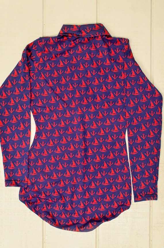 1970s Bodysuit Novelty Print Sail Boat Long Sleeve De… - Gem