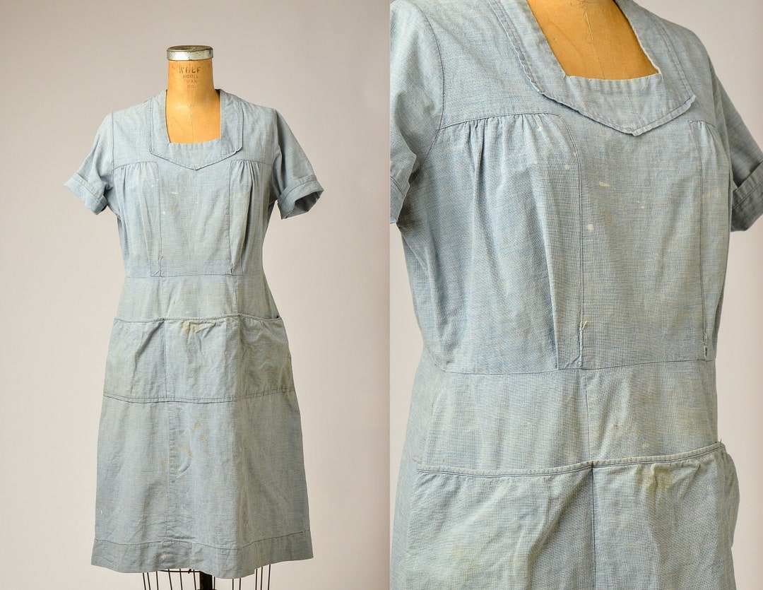 1920s French Denim Work Dress Light Indigo Woven Cotton Chore Dress - Etsy