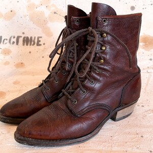 Vintage Stitched Packer Boots Tall Lace up Leather Stacked Heel Work ...