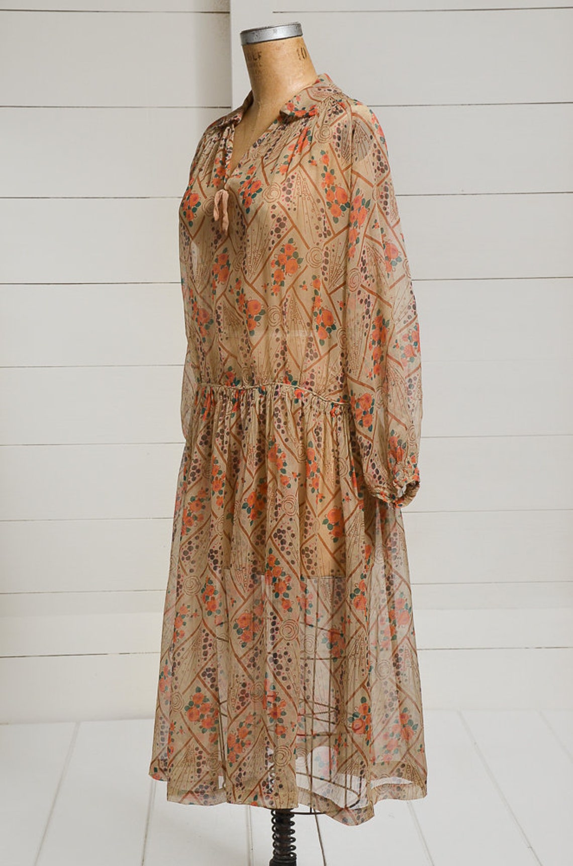 1920s Poppy Print Silk Chiffon Watercolor Peach Poppies 20s | Etsy