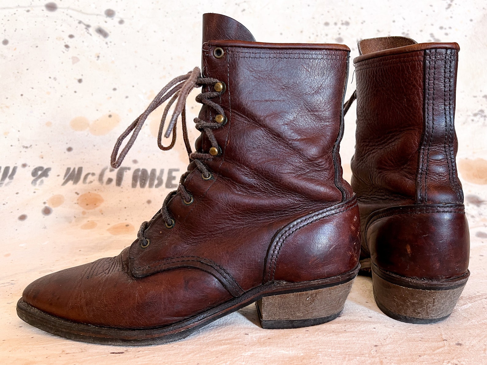 Vintage Stitched Packer Boots Tall Lace up Leather Stacked - Etsy