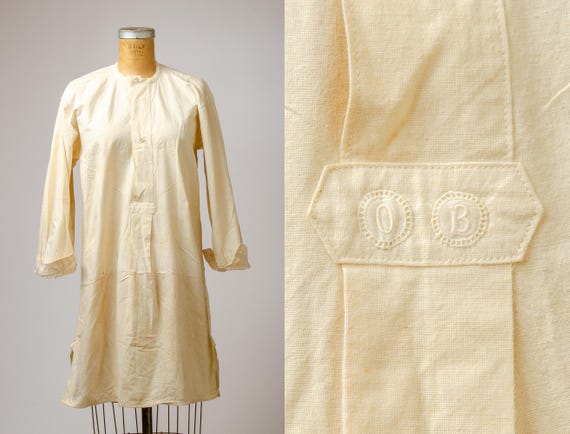 1800s Antique Linen Smock Embroidered Mens Nightshirt - Gem