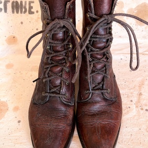 Vintage Stitched Packer Boots Tall Lace up Leather Stacked Heel Work ...