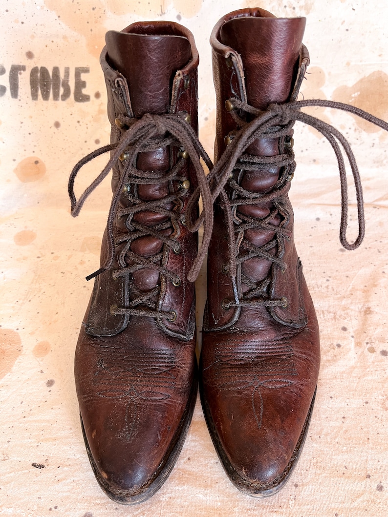 Vintage Stitched Packer Boots Tall Lace up Leather Stacked - Etsy